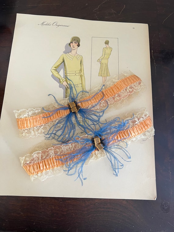 1920s silk ribbon garter. elastic; peach and blue o… - Gem