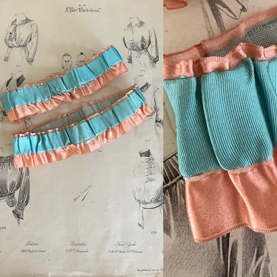 1920s silk ribbon garter. elastic; peach and aqua - Gem
