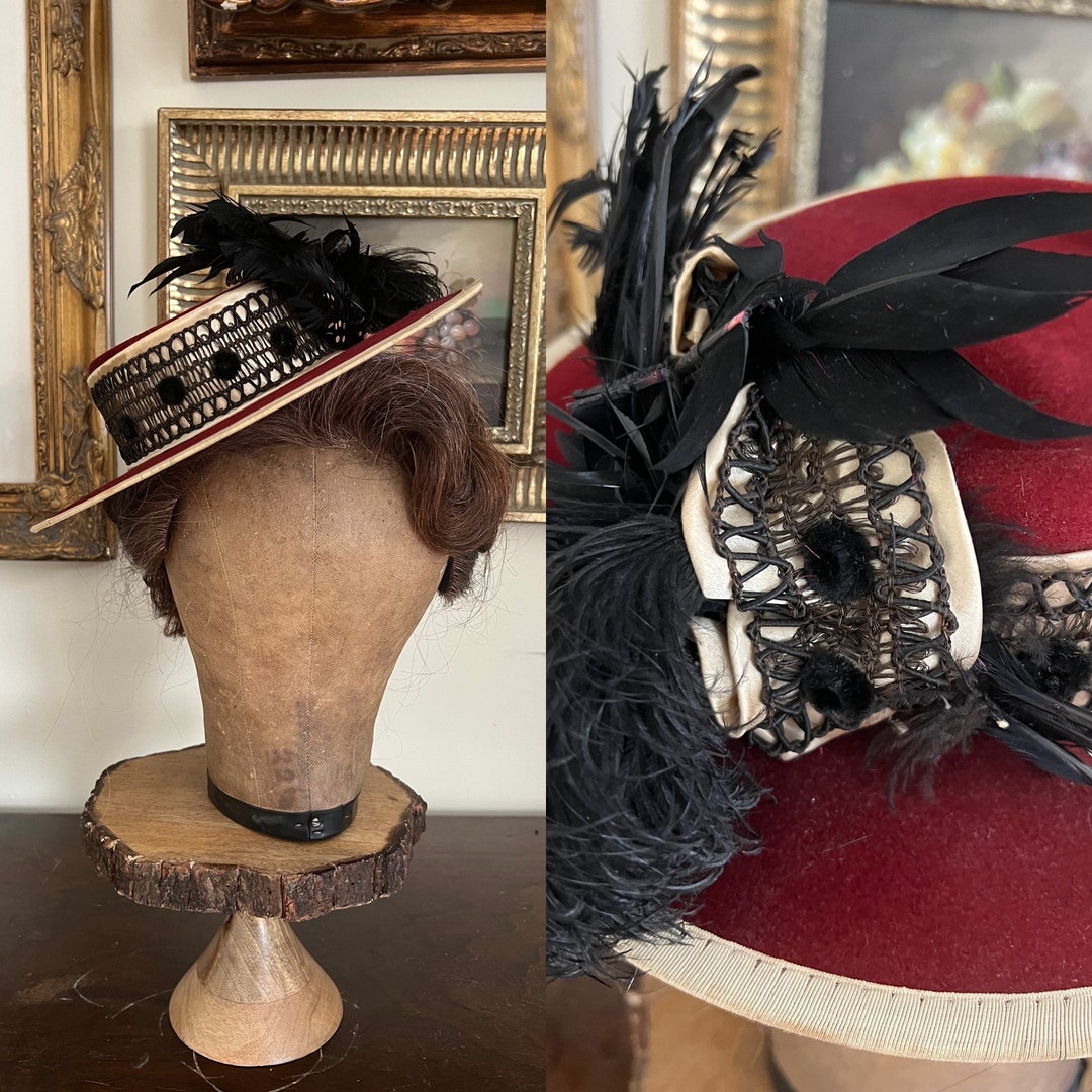 Antique Victorian Edwardian 1890 1900 Felt Hat With Lame and Feather ...