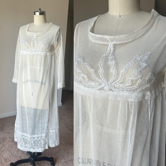 Antique Edwardian 19teens cotton net dress with embro… - Gem