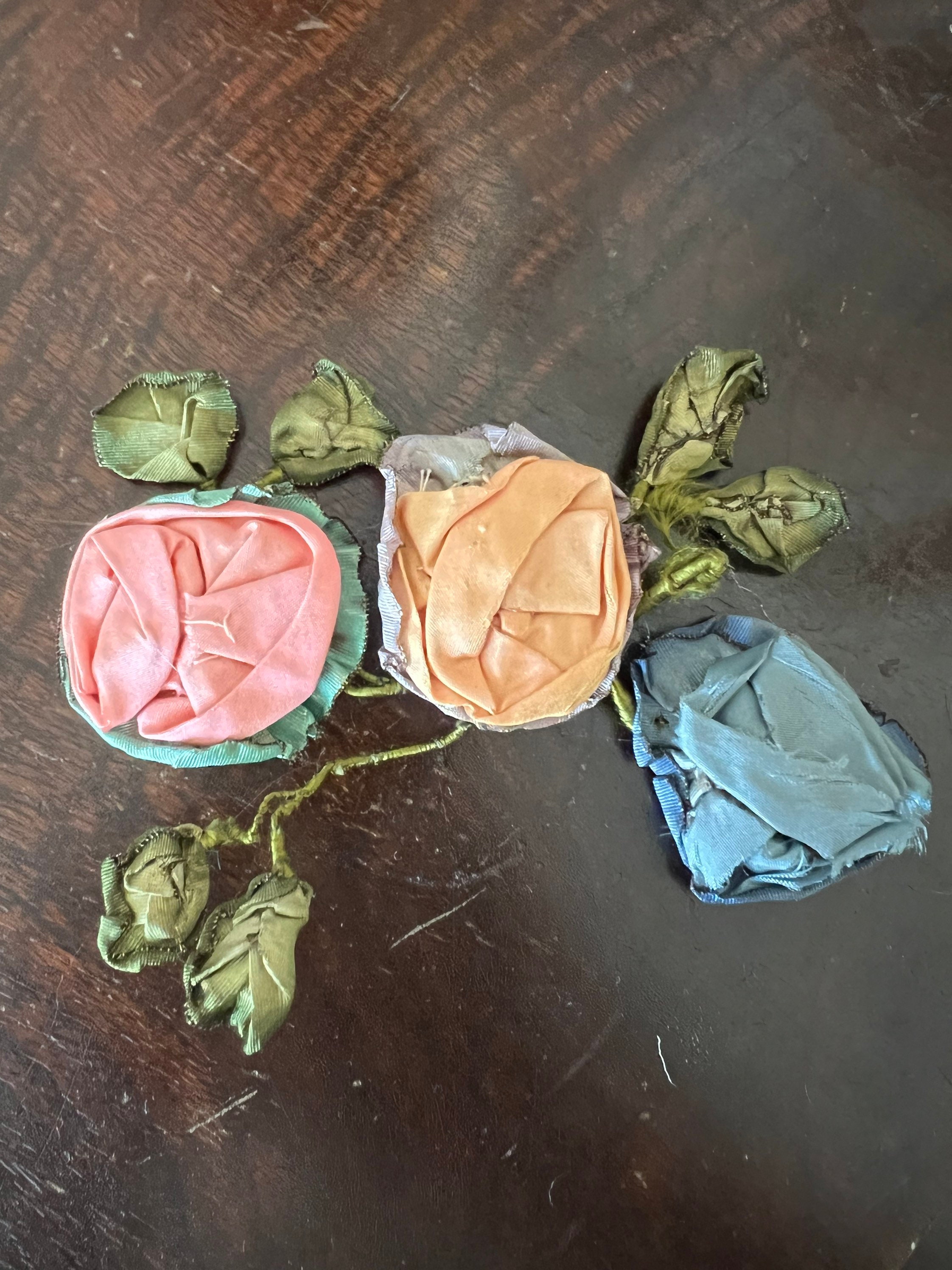 Large Trio of Silk Ribbonwork Roses With Metal Leaves. - Etsy