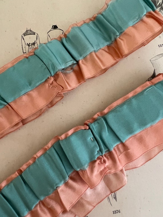 1920s silk ribbon garter. elastic; peach and aqua - Gem