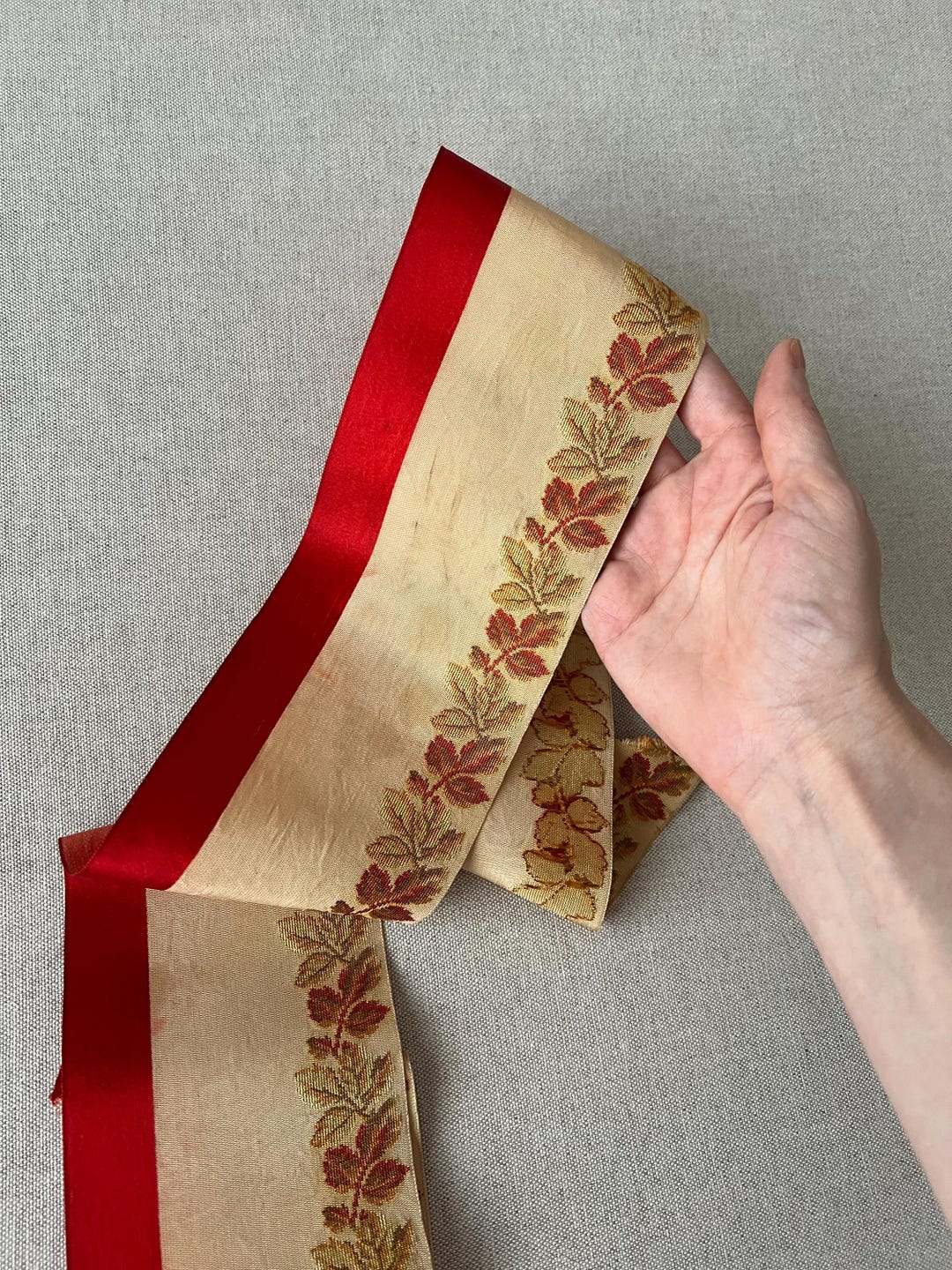 Antique Victorian Red and Ivory Silk Ribbon With Leaves - Etsy