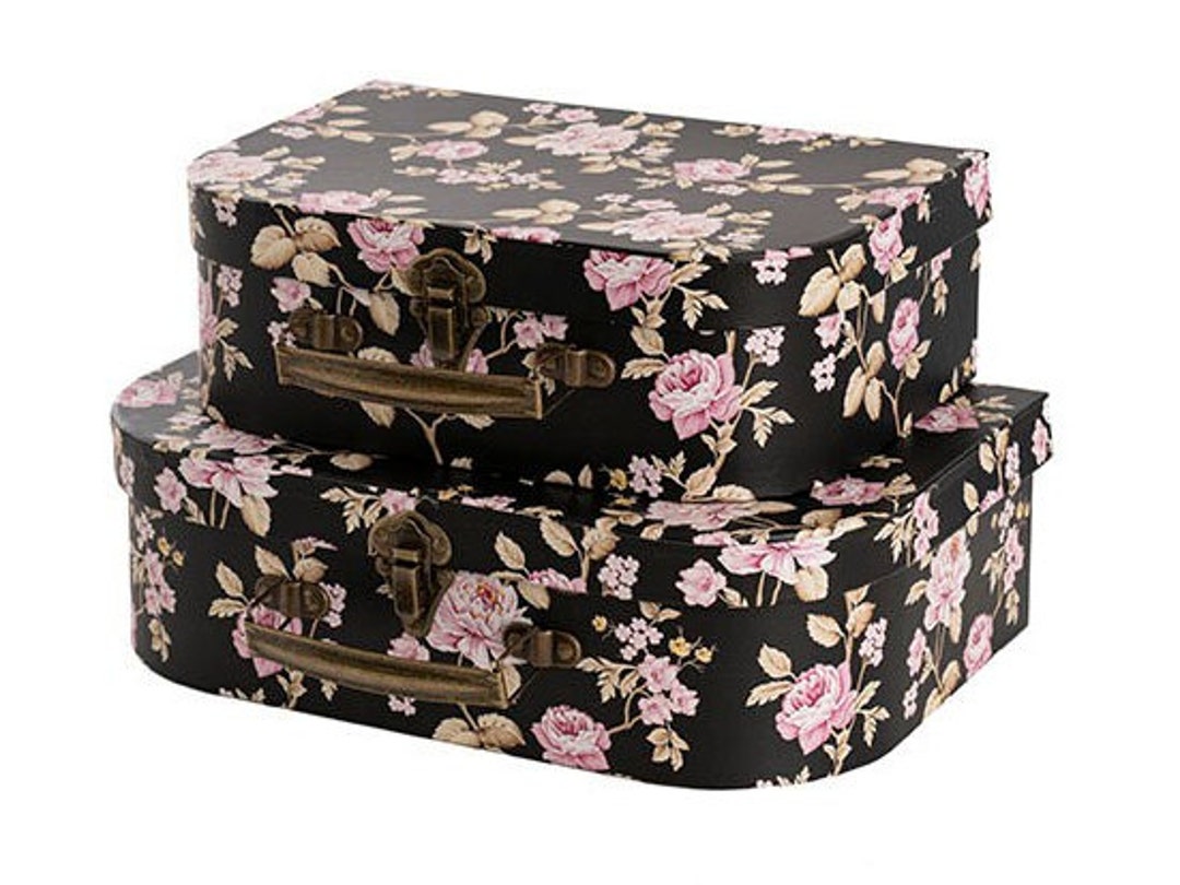 Set of 2 Nesting SUITCASE GIFT BOXES Black Pink Green Floral Hamper Box ...
