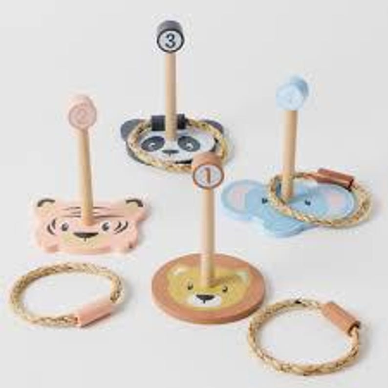 WOODEN Animal Ring Toss Set Hoops Kids Toy Quoits Garden Games Birthday ...