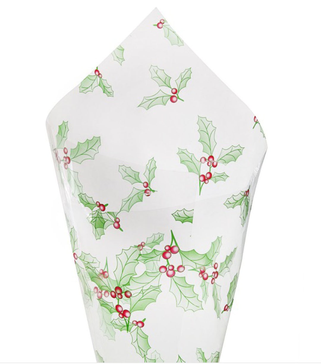 100 CELLOPHANE SHEETS Merry Christmas Red Holly Clear Cello Wrapping ...