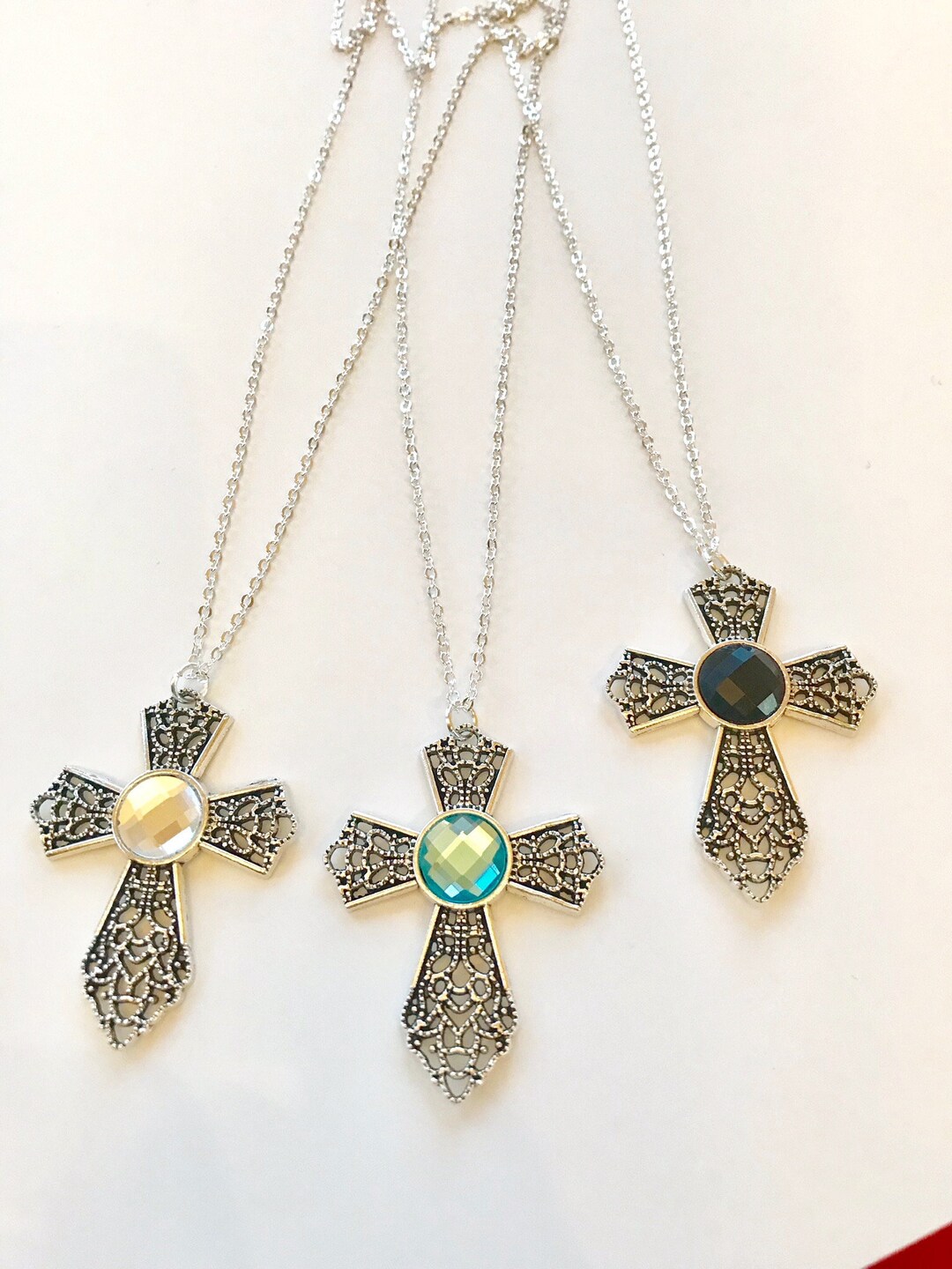 3 Long Cross Necklaces for One Low Price_ Crystal Clear, Teal and Black ...