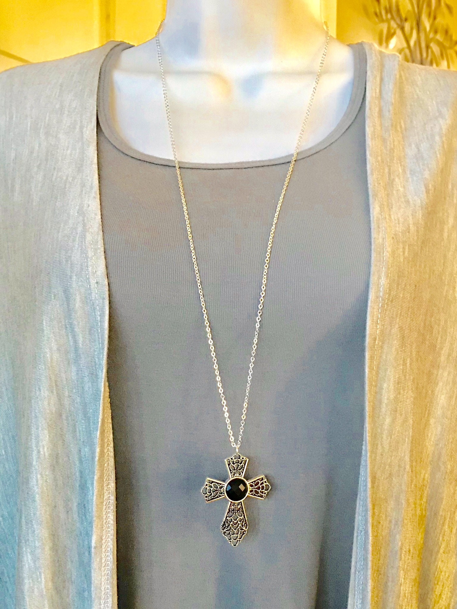 3 Long Cross Necklaces for One Low Price_ Crystal Clear, Teal and Black ...