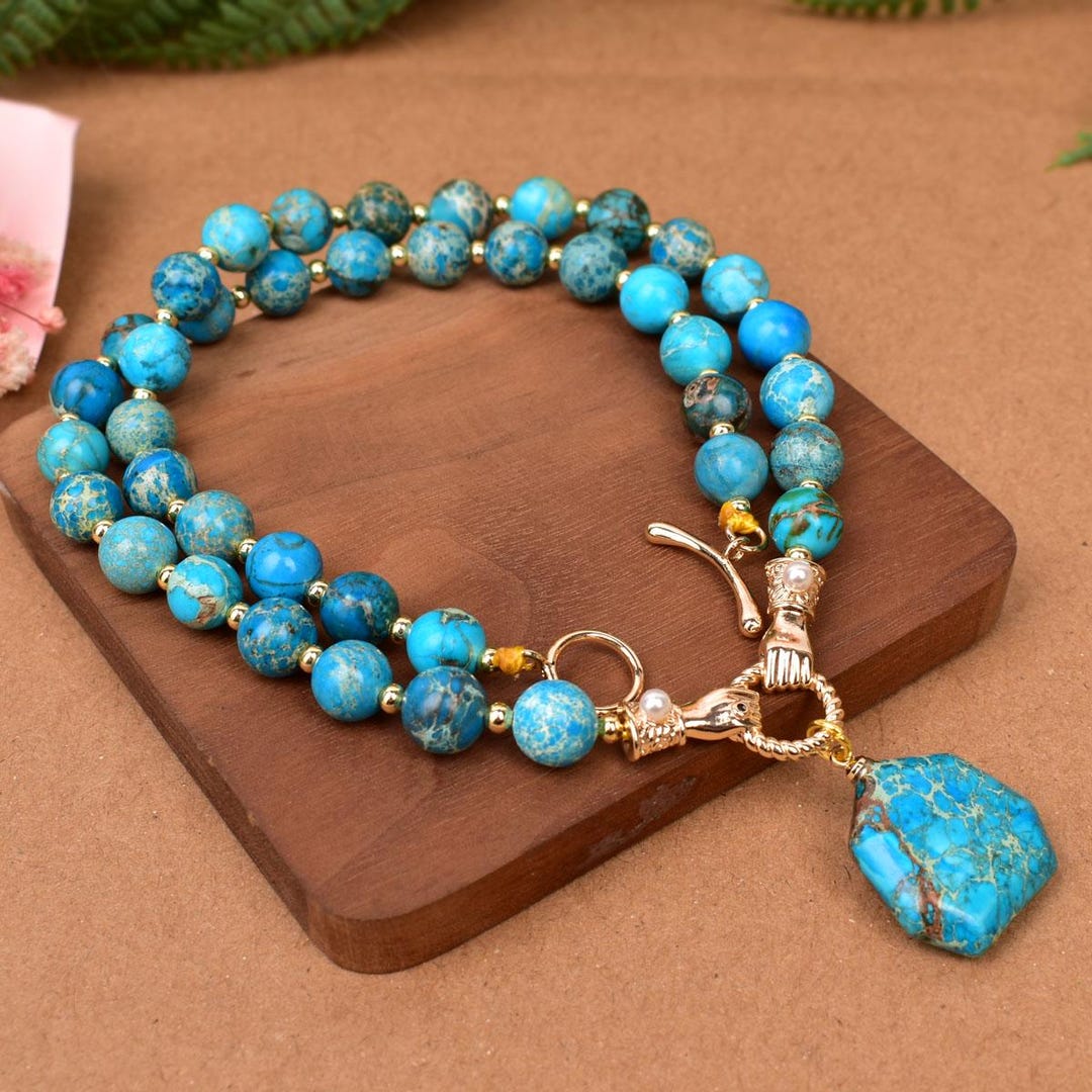 Imperial Jasper Turquoise Bead Necklace: 18K Gold Hand Pendant - Etsy