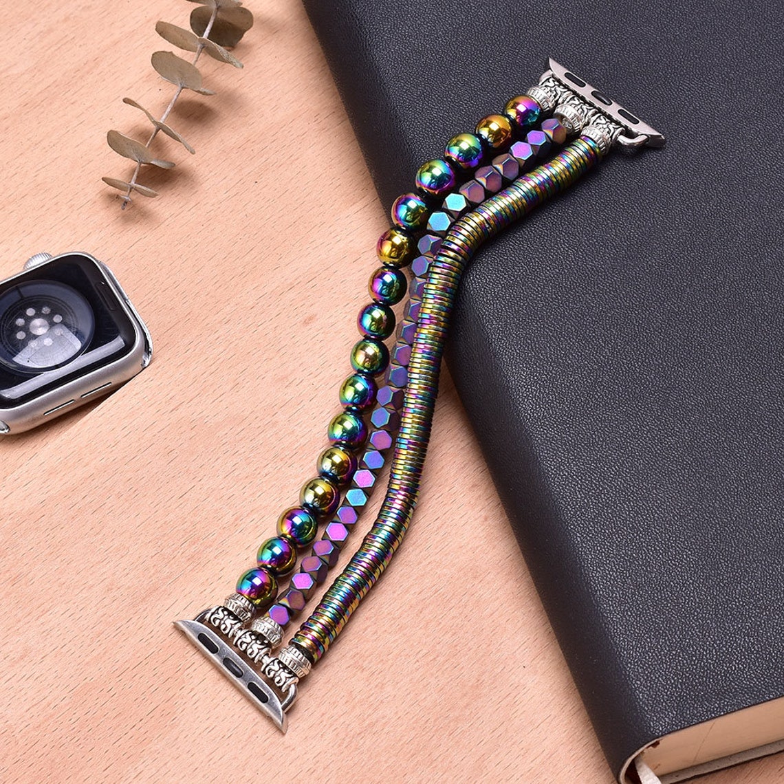 Beaded Watch Band for Apple Watch - Rainbow Hematite Scalable Elastic ...