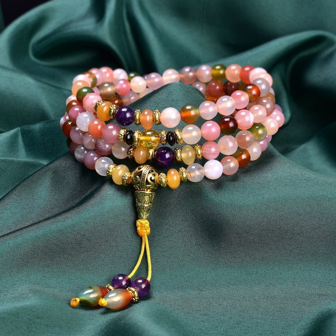 108 Japamala Beads Necklace Natural Candy Agate Tibetan Prayer Beads ...