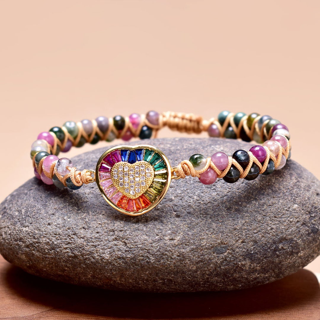 Colored Zirconia Pave Heart Chakra Bracelet, Tourmaline Beaded ...