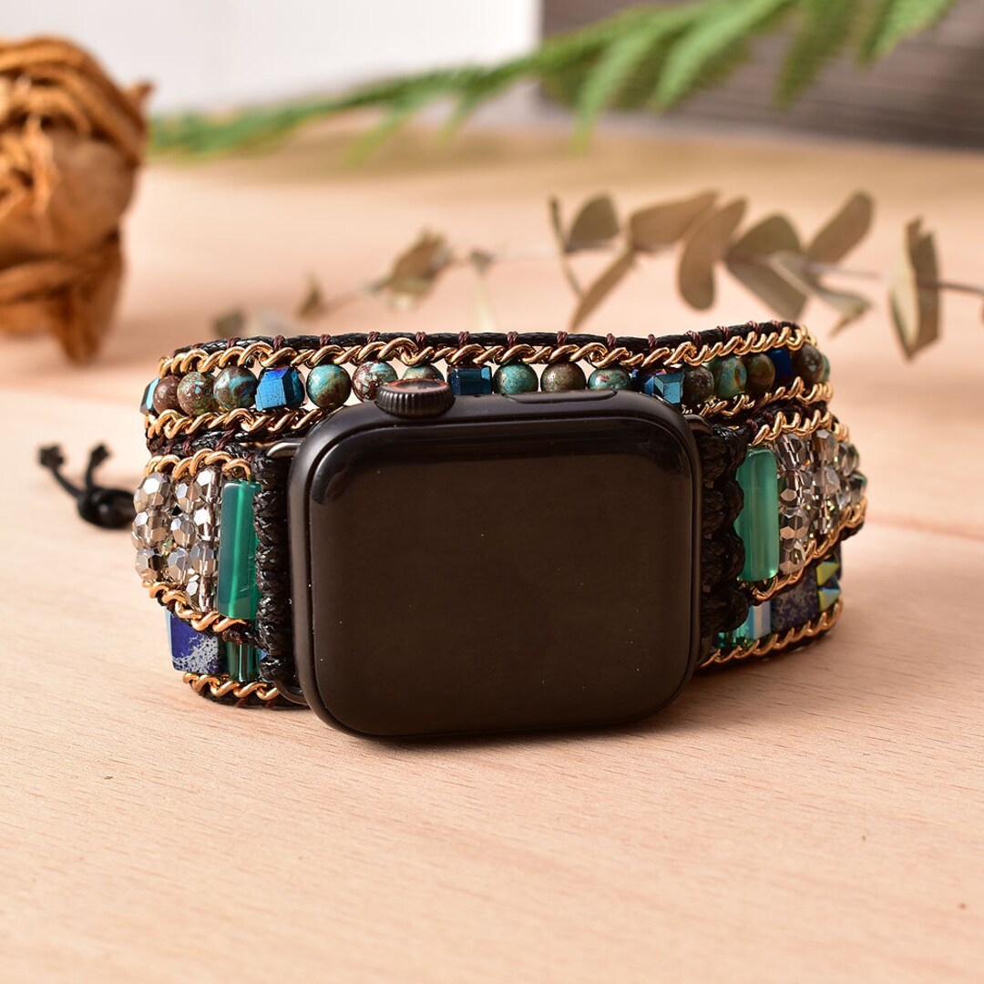 Natural Stone Mix Beaded Apple Watch Strap 38mm-45mm Wrap Band Vegan ...