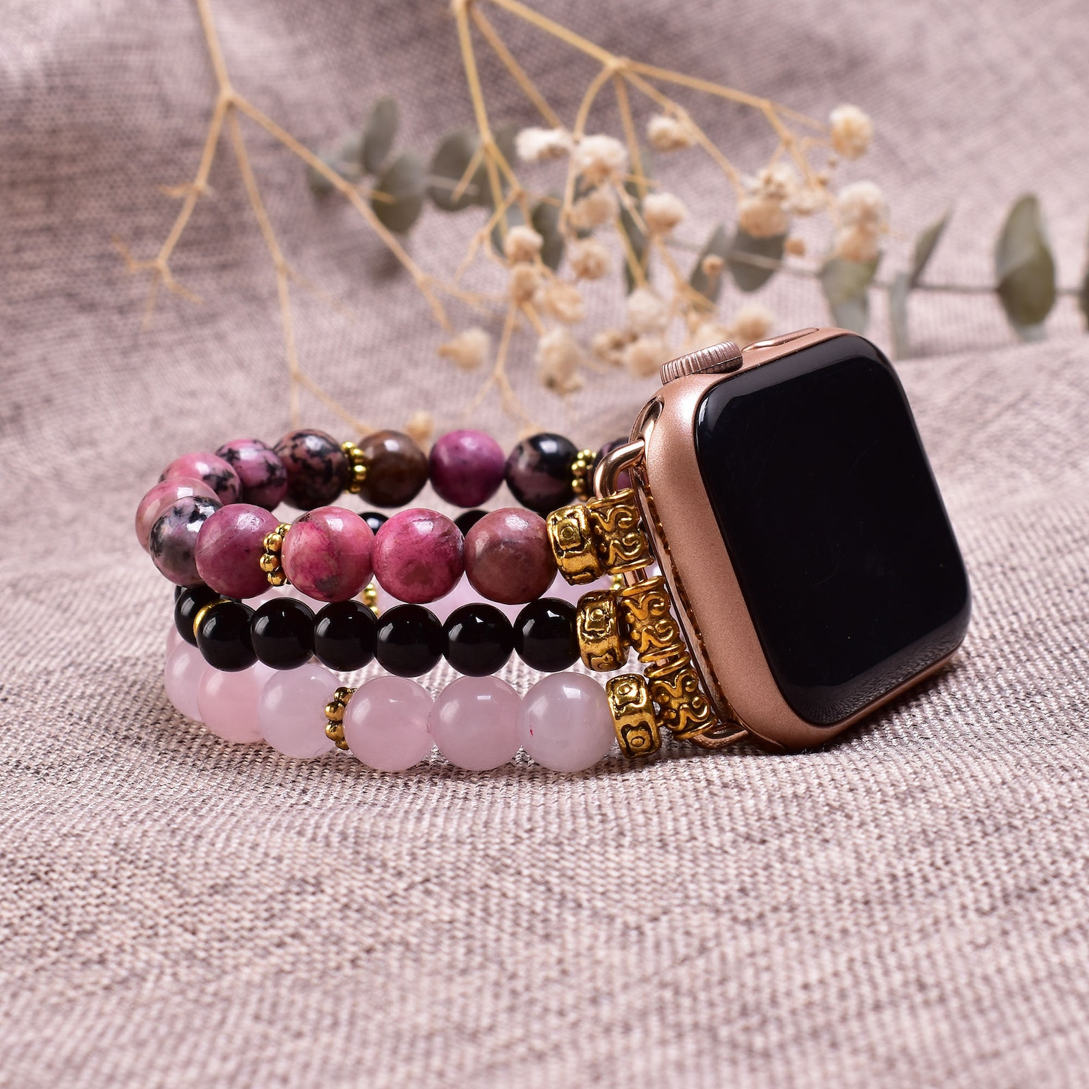 Rose Quartz Black Onyx Rhodonite Apple Watch Band - Etsy