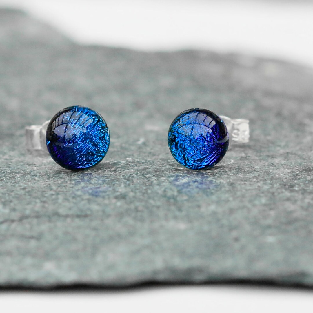 Sapphire Blue Dichroic Glass Stud Earrings: Sterling Silver, Handmade ...