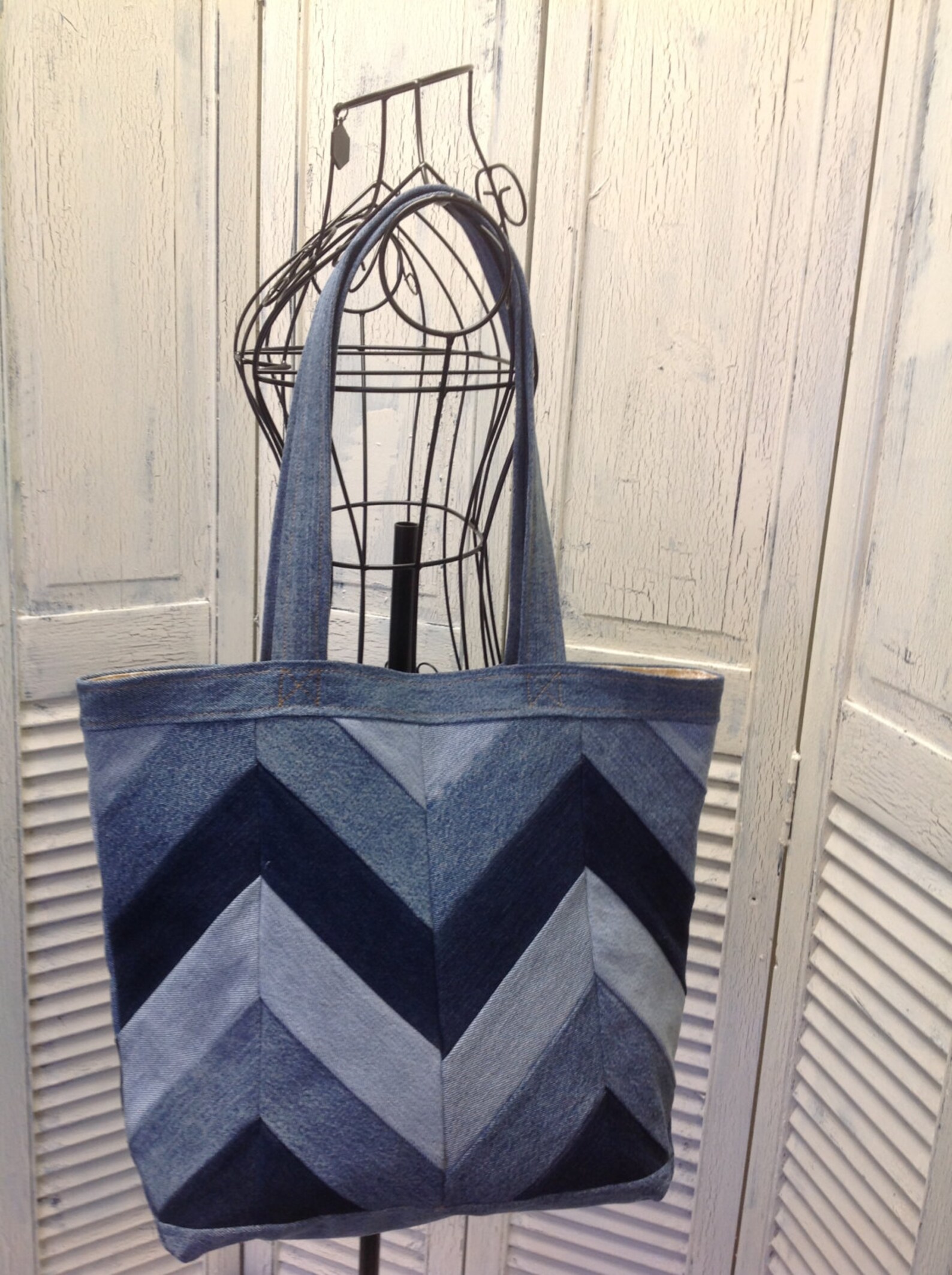 Bleu Redux Upcycled Three Chevron Denim Tote (medium Blue Bottom) - Etsy