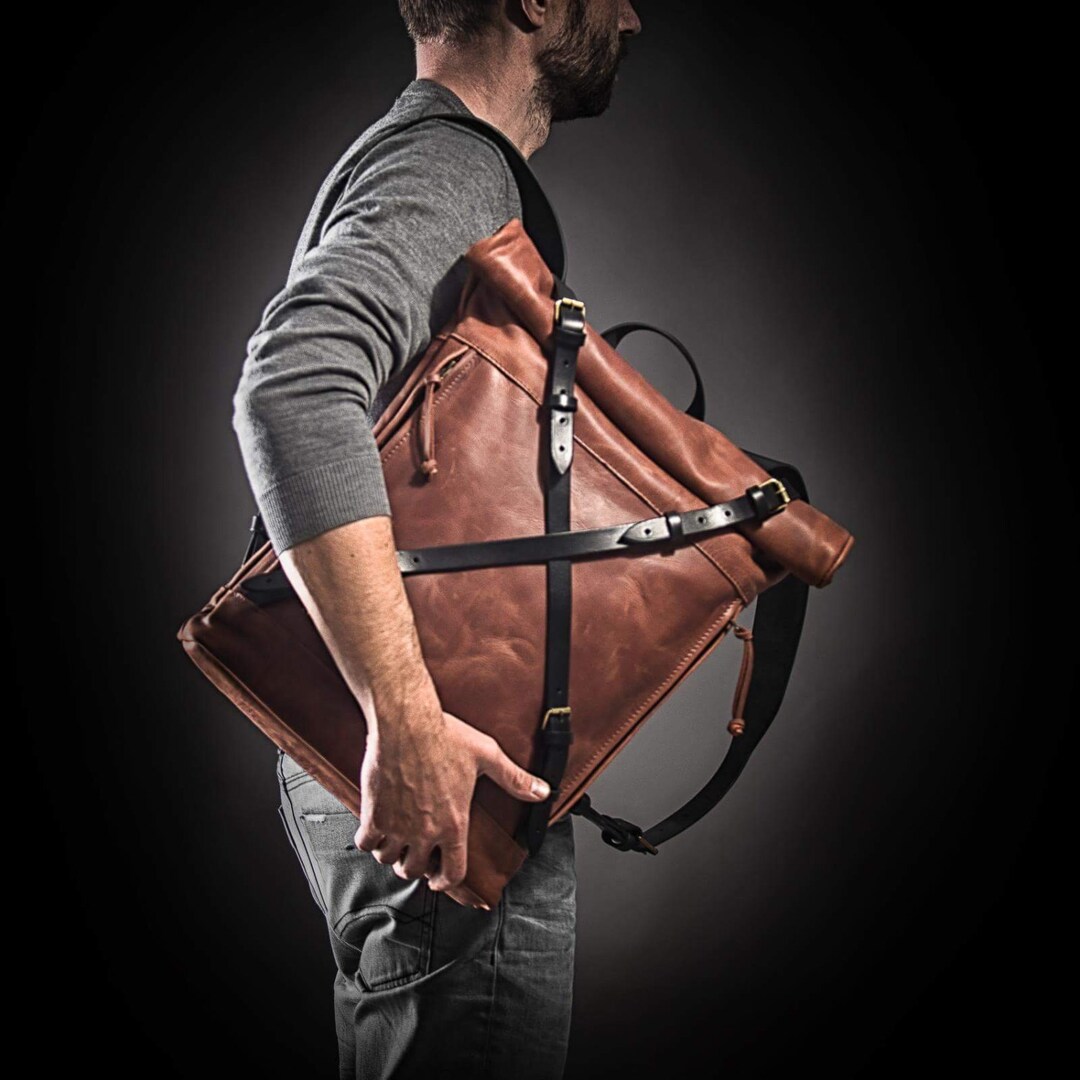 Computer Backpack for Men Leather Roll Top Backpack Bag Leather ...