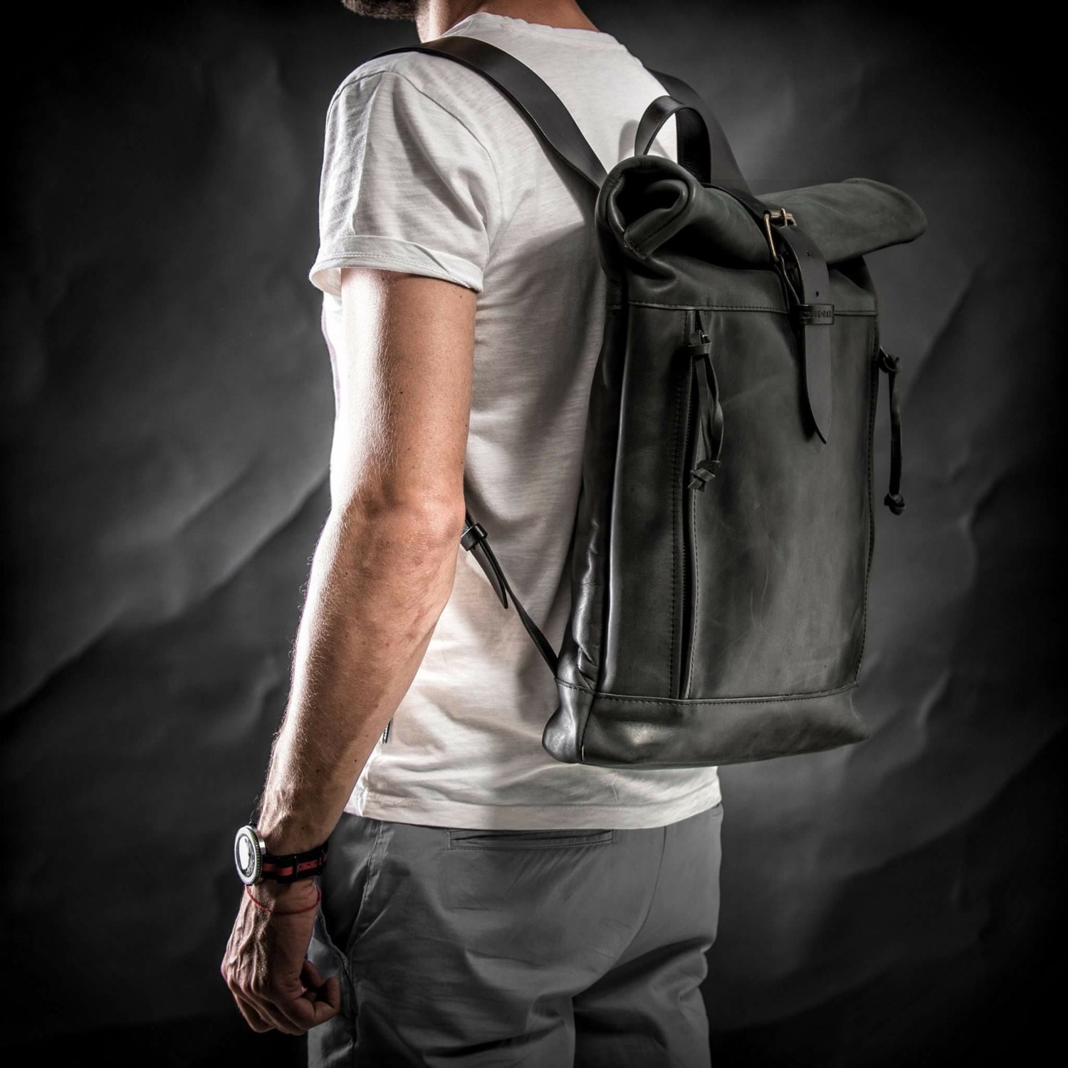 Leather Backpack Roll Top Backpack Mens Backpack Roll up Backpack ...