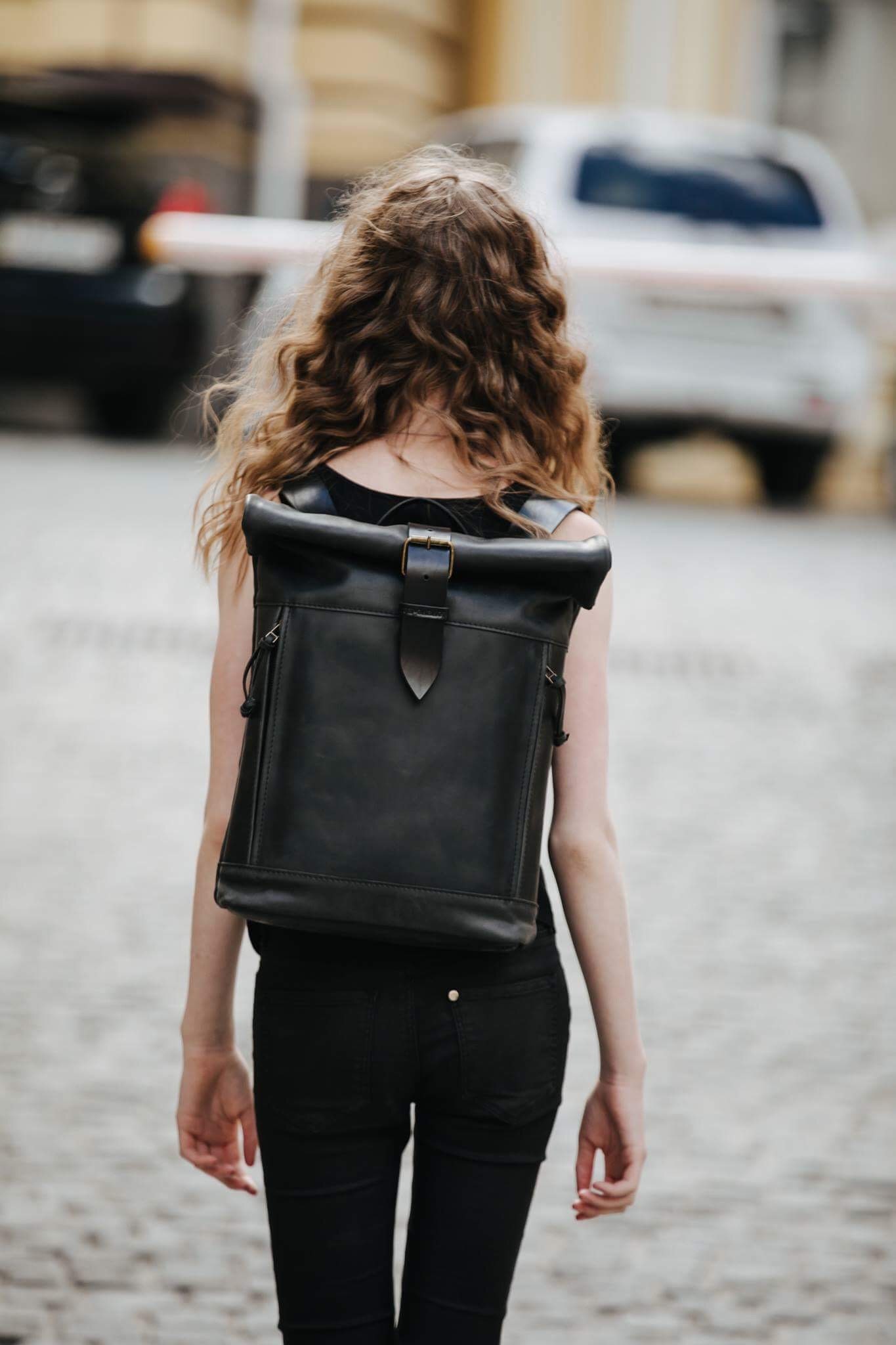 Leather Backpack Roll Top Backpack Daily Backpack Laptop - Etsy