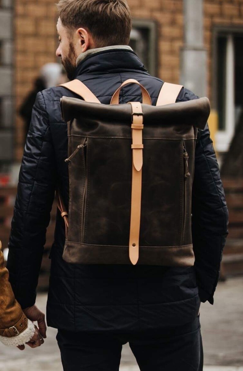 Leather Backpack for Men Roll Top Computer Backpack Laptop - Etsy
