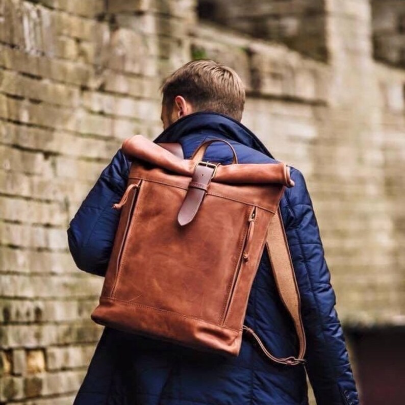 Leather Backpack Roll Top Backpack Mens Backpack Roll up Backpack ...