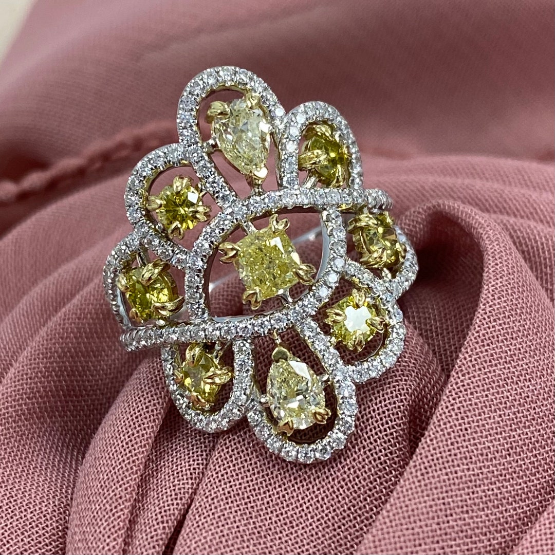 Multi Shape Diamond Ring, 1.91 Ct Yellow Diamond Fashion Ring 14K White ...