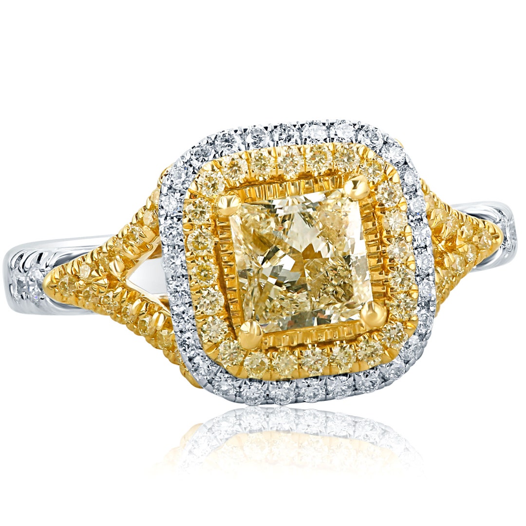 1.30 Ct Princess Cut Light Yellow Diamond Double Halo 18k White Gold ...