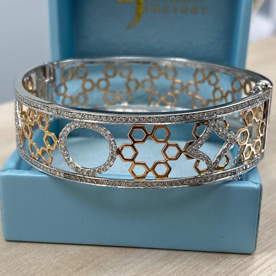 Honeycomb Diamond Bangle Bracelet: 1.70ct 14k White & Rose Gold Hinged ...