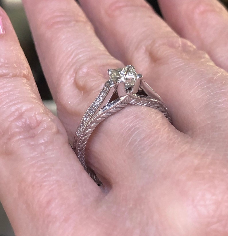 Vintage 0.82ctw Princess Cut Diamond Engagement Ring, 14k White Gold ...