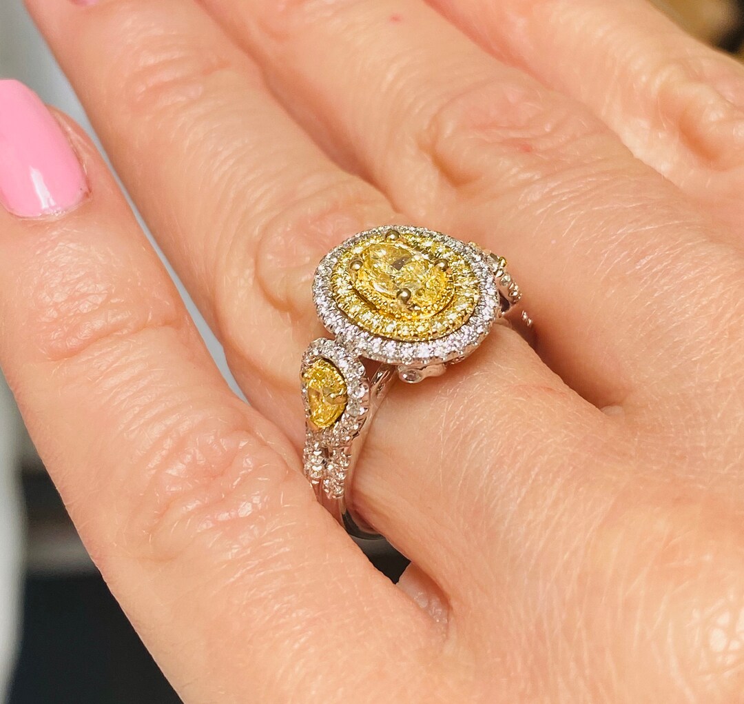 GIA Light Yellow Oval Diamond Halo Engagement Ring, Pear Side Stones ...