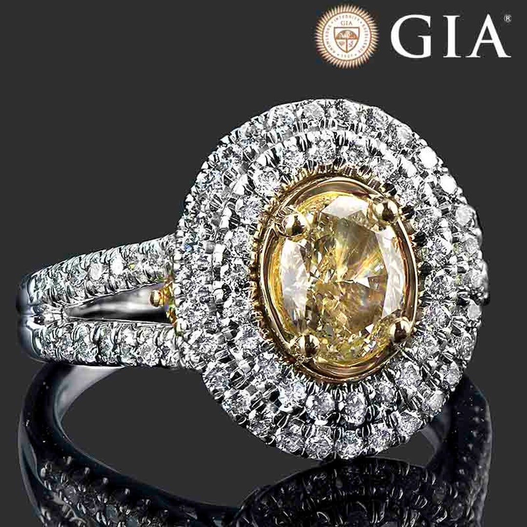 GIA 1.90 Ct Light Yellow Oval Diamond Ring: 18k Gold Halo Split Shank ...