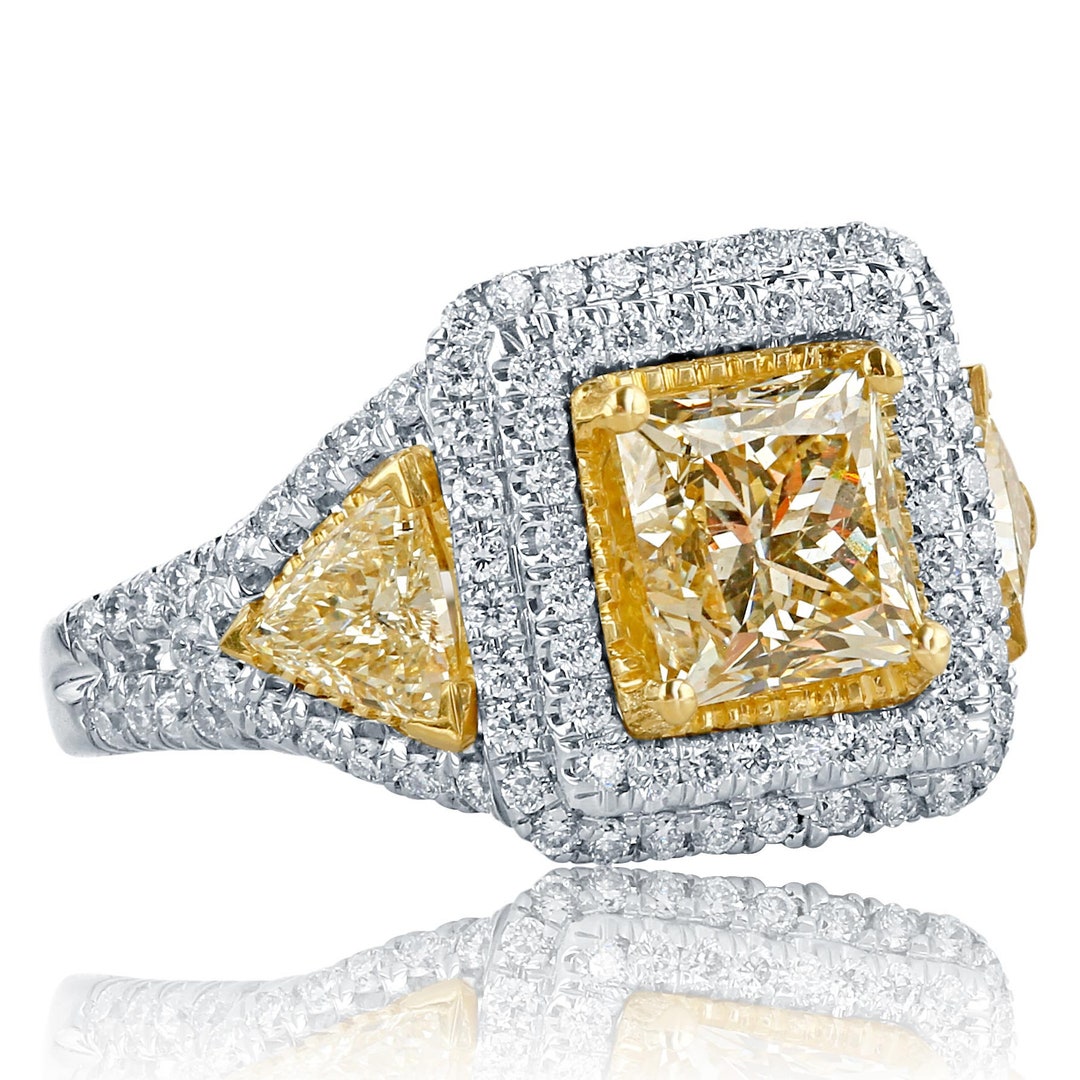 3.62ctw Princess Cut Faint Yellow Diamond Ring, Trillion Side Stones ...