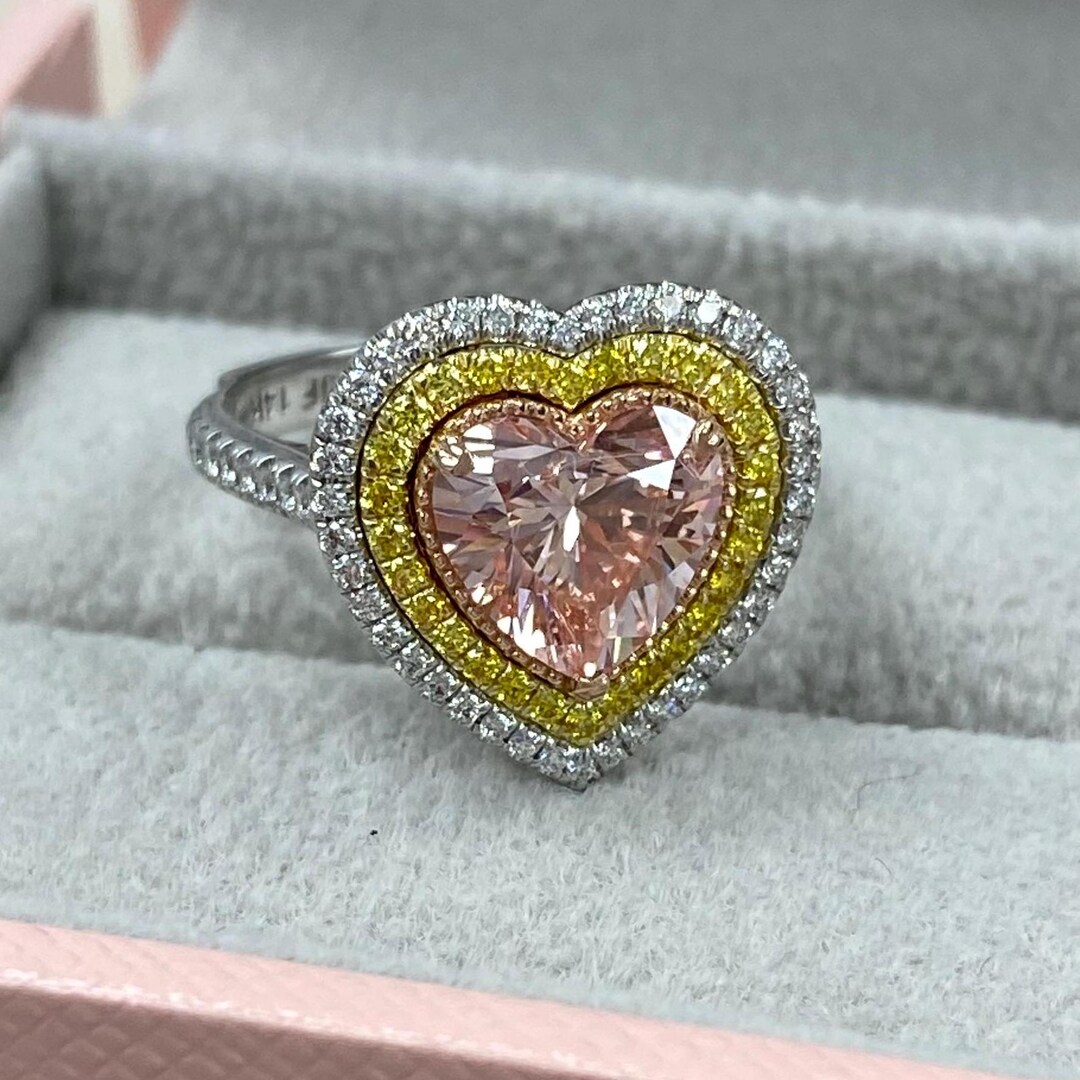 Vivid Pink Heart Lab Grown Diamond Engagement Ring, 14K Gold Double ...
