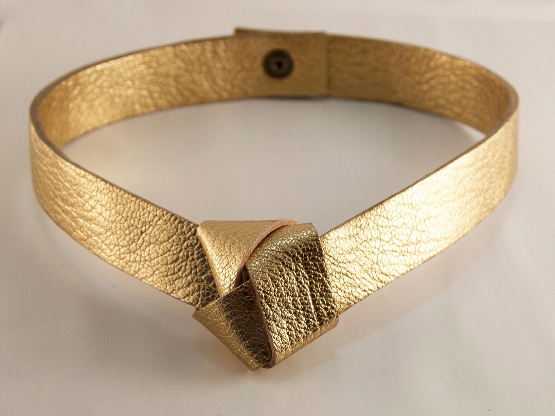 Gold Leather Choker, Locking Collar, Bib Gold Necklace, Leather Collar ...