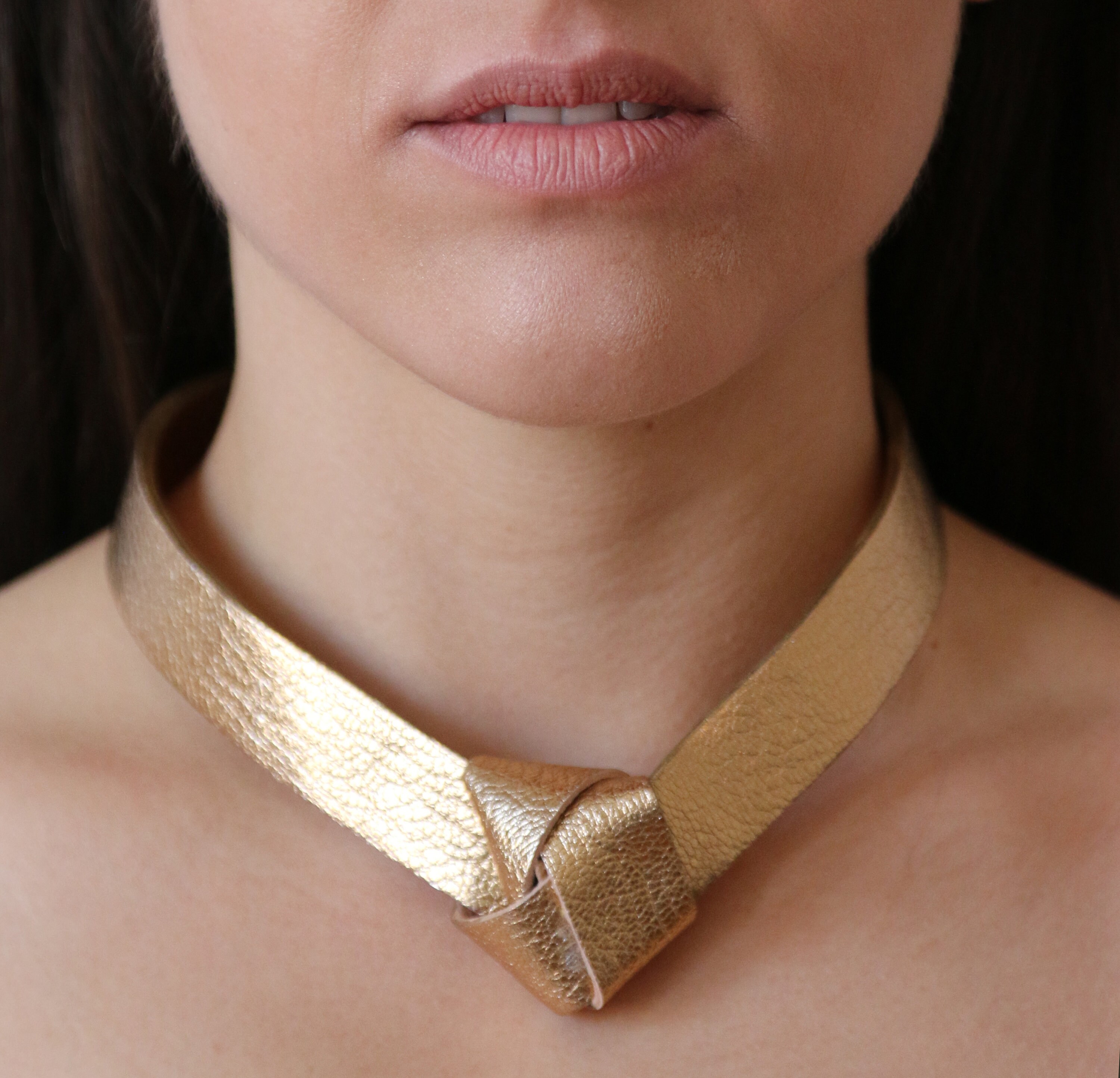 Gold leather Choker Locking Collar Bib Gold Necklace | Etsy