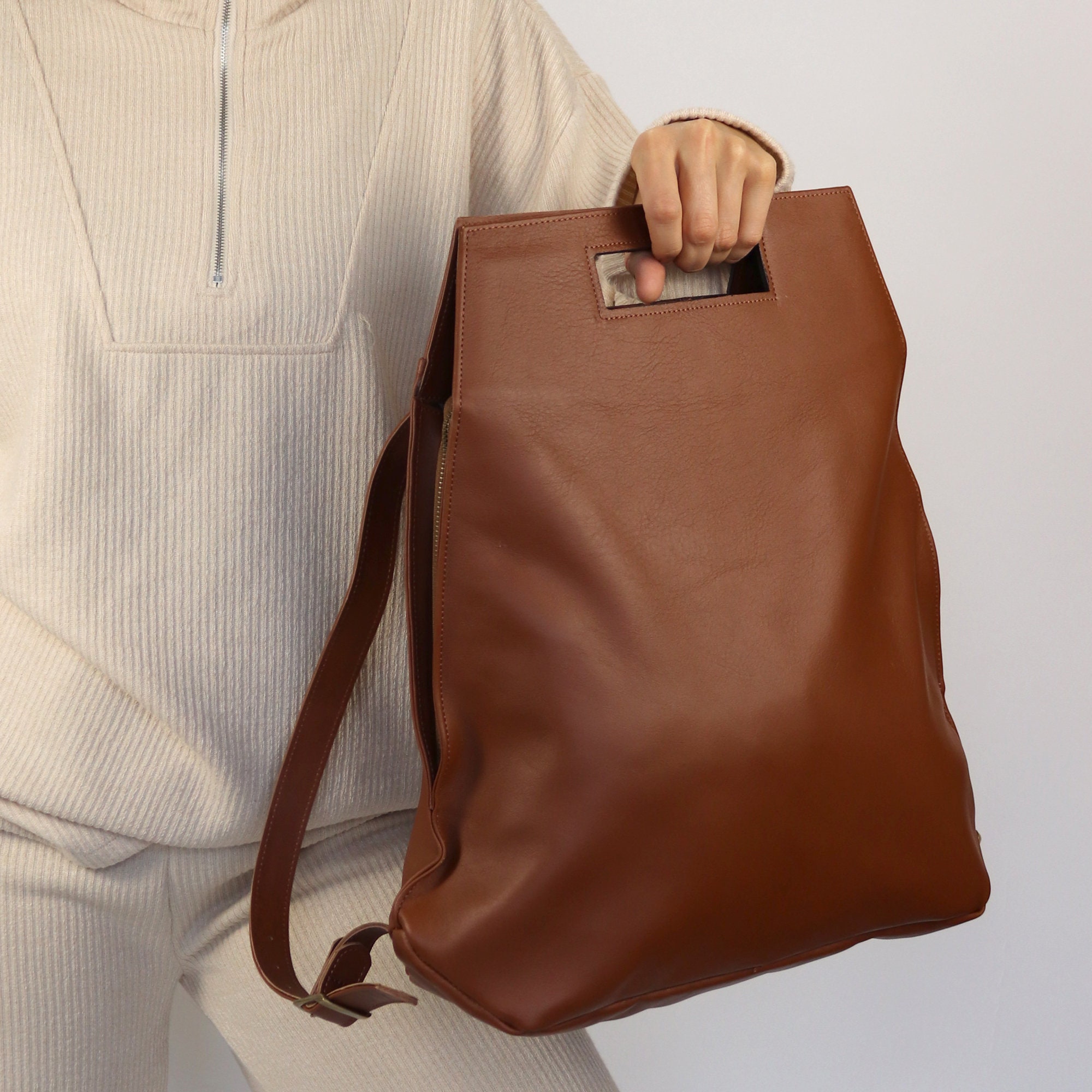 Brown Leather Backpack for Women Minimalist Leather Backpack | Etsy