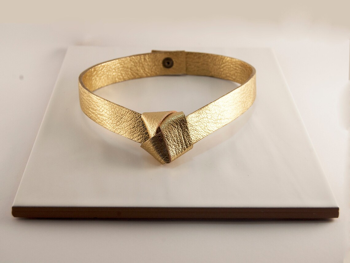 Gold leather Choker Locking Collar Bib Gold Necklace | Etsy