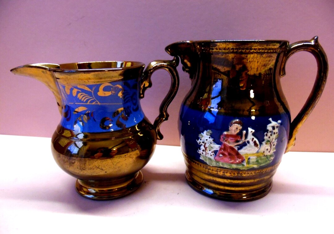Pair of Antique Copper Lustreware Jugs Blue one Chip - Etsy