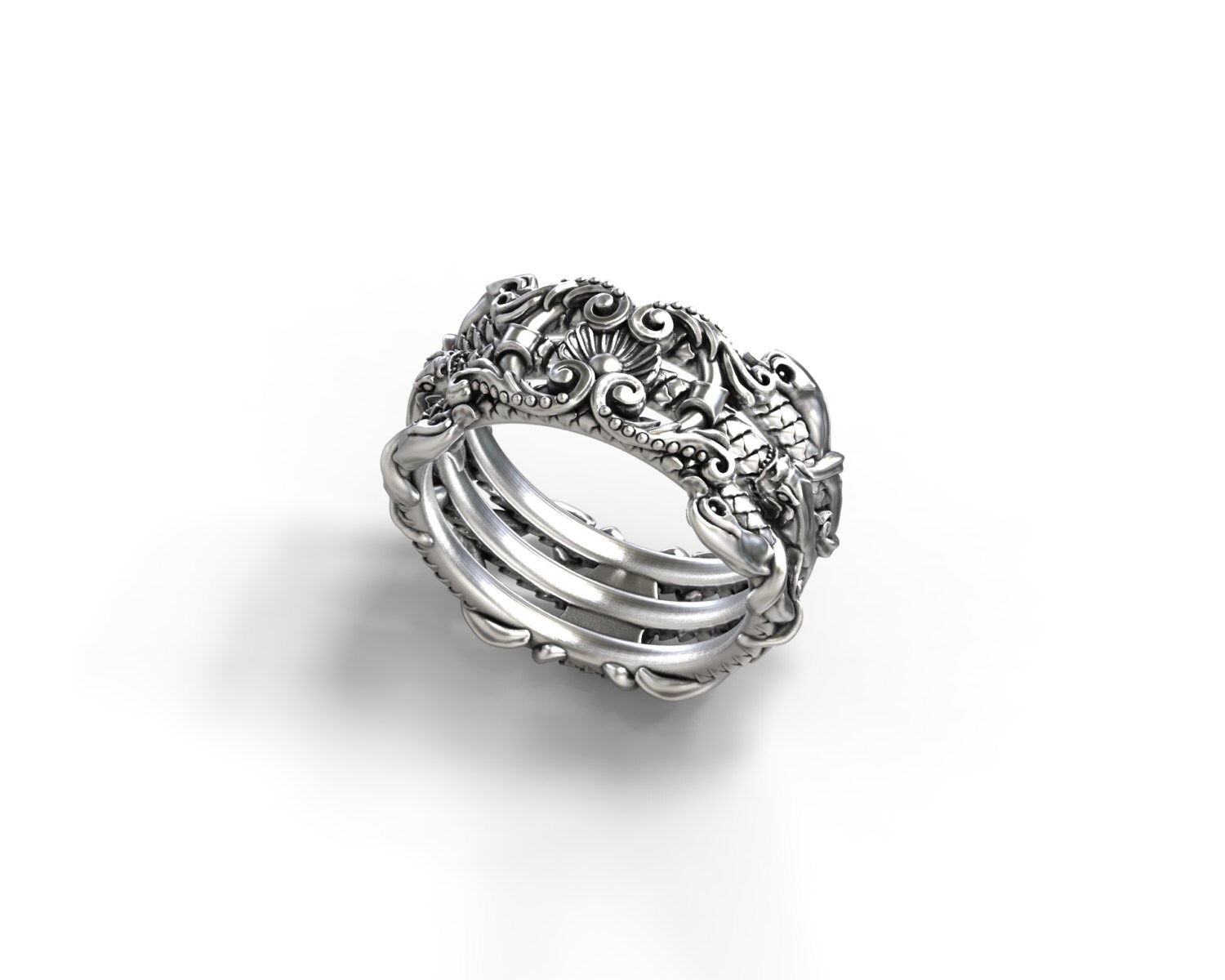 Intricate Baroque Ring With Dolphins Solid Silver Gold - Etsy