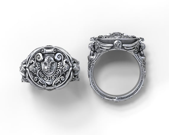 Crest ring with heraldic beasts and gothic fleurs-de-lis | Etsy