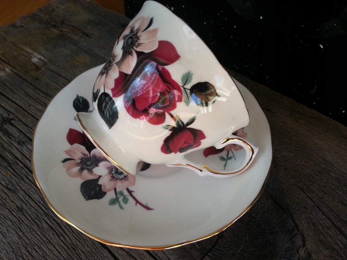 Vintage Queen Anne Tea Cup and Saucer With Deep Red Roses and Pale Pink ...