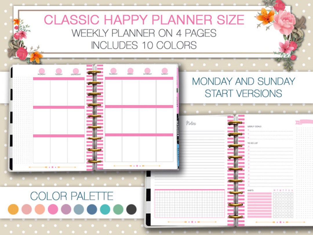 Happy Planner Printable Undated Weekly Planner on 4 Pages Vertical ...