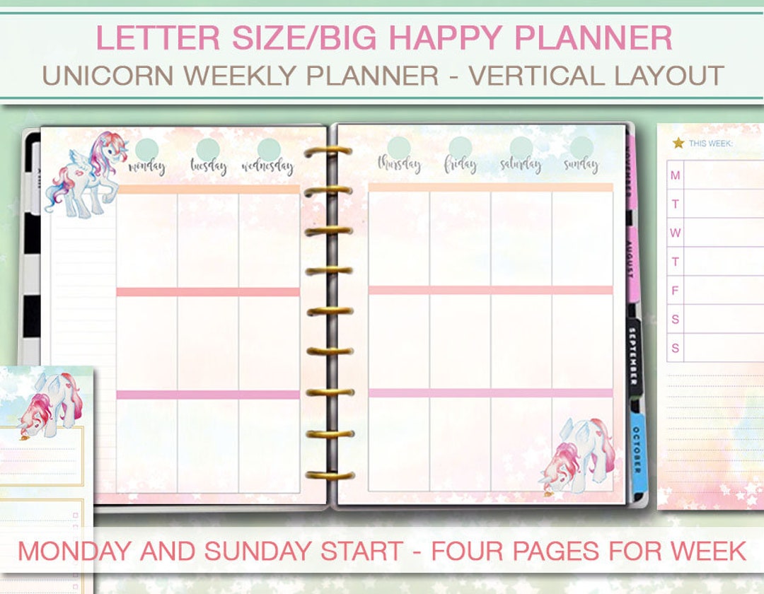 Big Happy Planner Letter Size Printable Unicorn Weekly Planner Inserts ...
