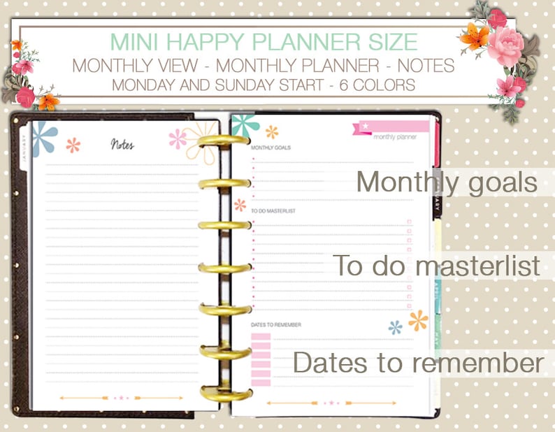 Mini happy planner printable monthly planner on 4 pages notes | Etsy