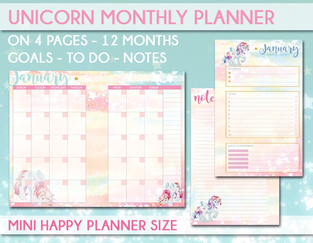 MINI Happy Planner Unicorn Printable Monthly Planner Inserts, Undated ...