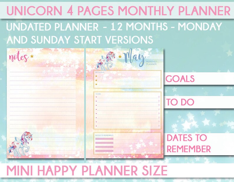 MINI Happy Planner Unicorn Printable Monthly Planner Inserts - Etsy