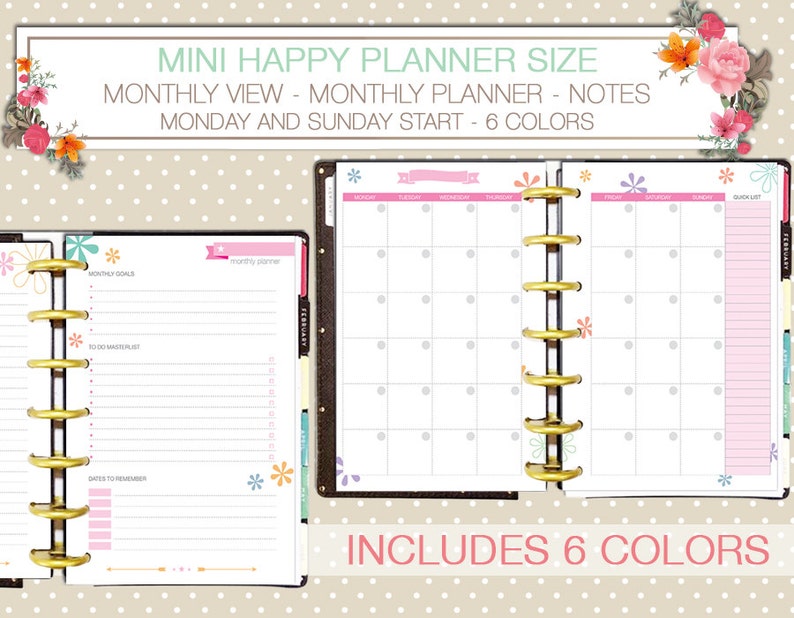Mini happy planner printable monthly planner on 4 pages notes | Etsy