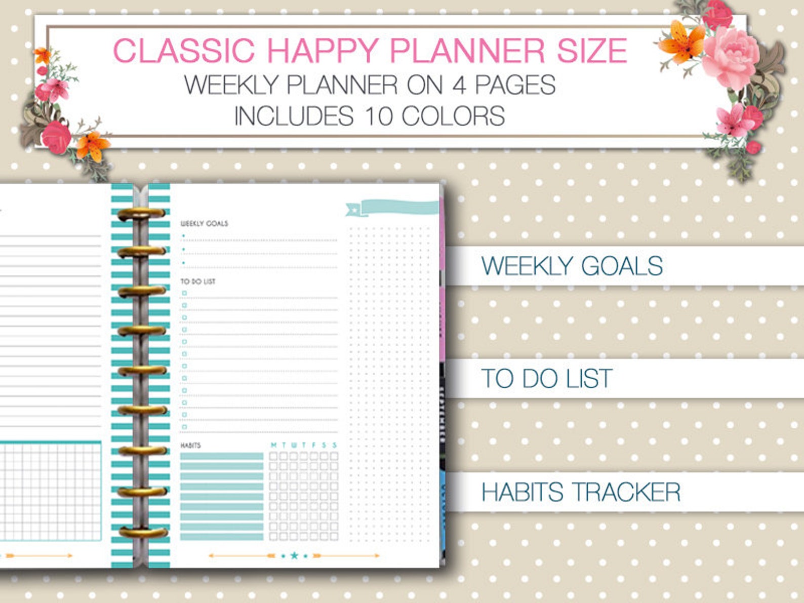 Happy Planner Printable Undated Weekly Planner on 4 Pages | Etsy