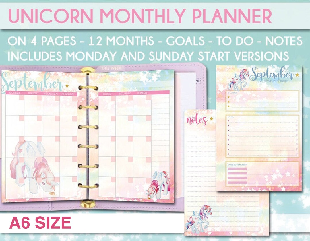 A6 Unicorn Monthly Planner Printable Refills Monday Start Sunday Start ...
