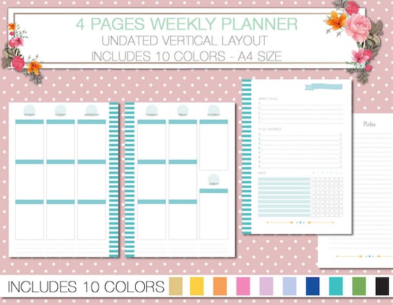 A4 Planner Printable Undated Weekly Planner on 4 Pages - Etsy